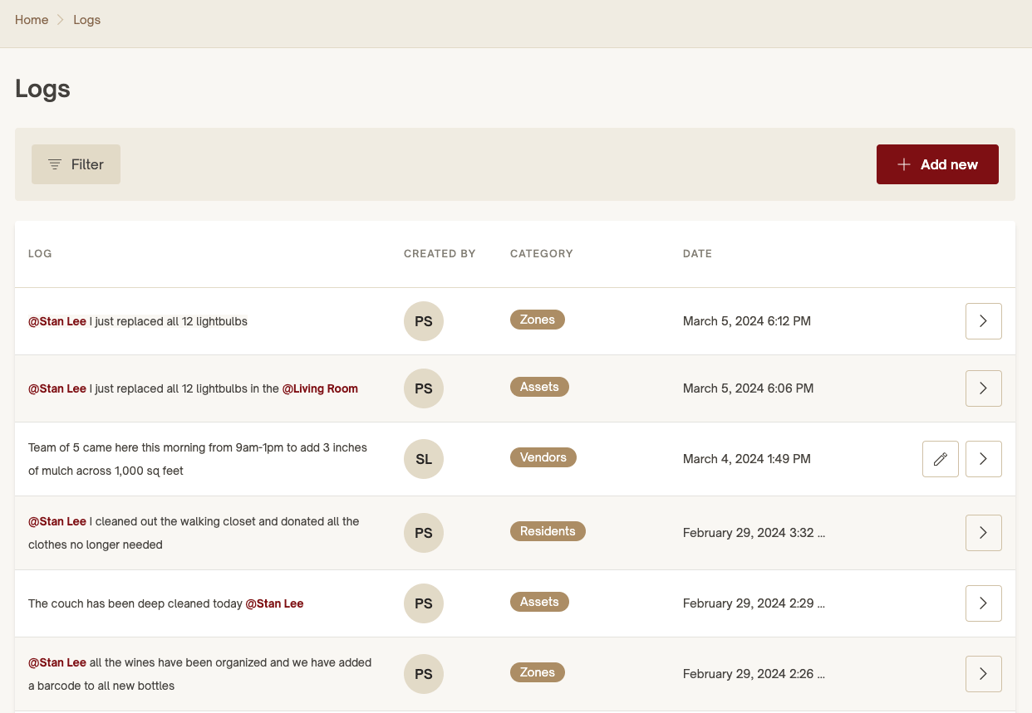How do I add, edit, and delete logs?